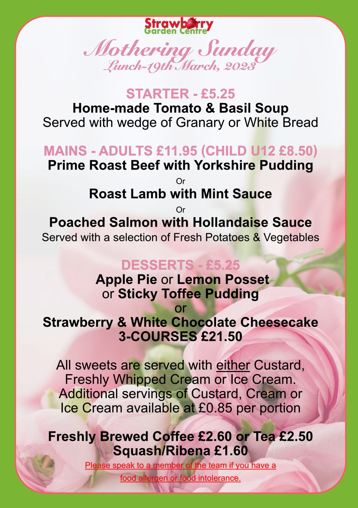 Mothering Sunday 19th March- Menu - Bramshall Farm